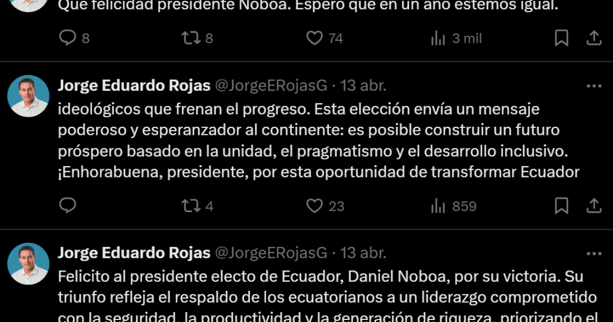 Supimos que: Jorge Eduardo Rojas, alcalde de Manizales, celebró la victoria de Daniel Noboa en ...